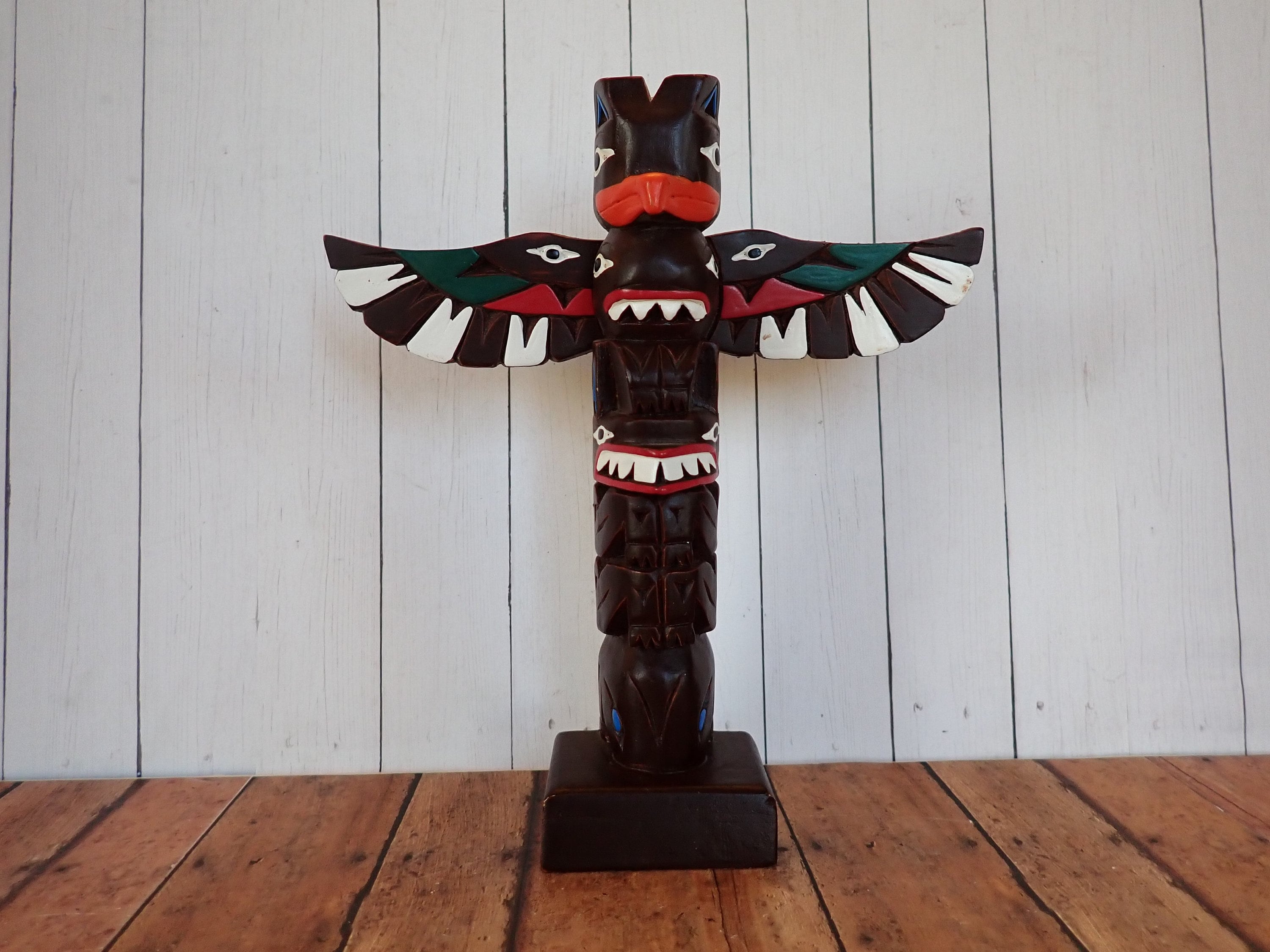 Vintage Faux Carved Wood Raven Totem Pole Figurine Made in Alaska