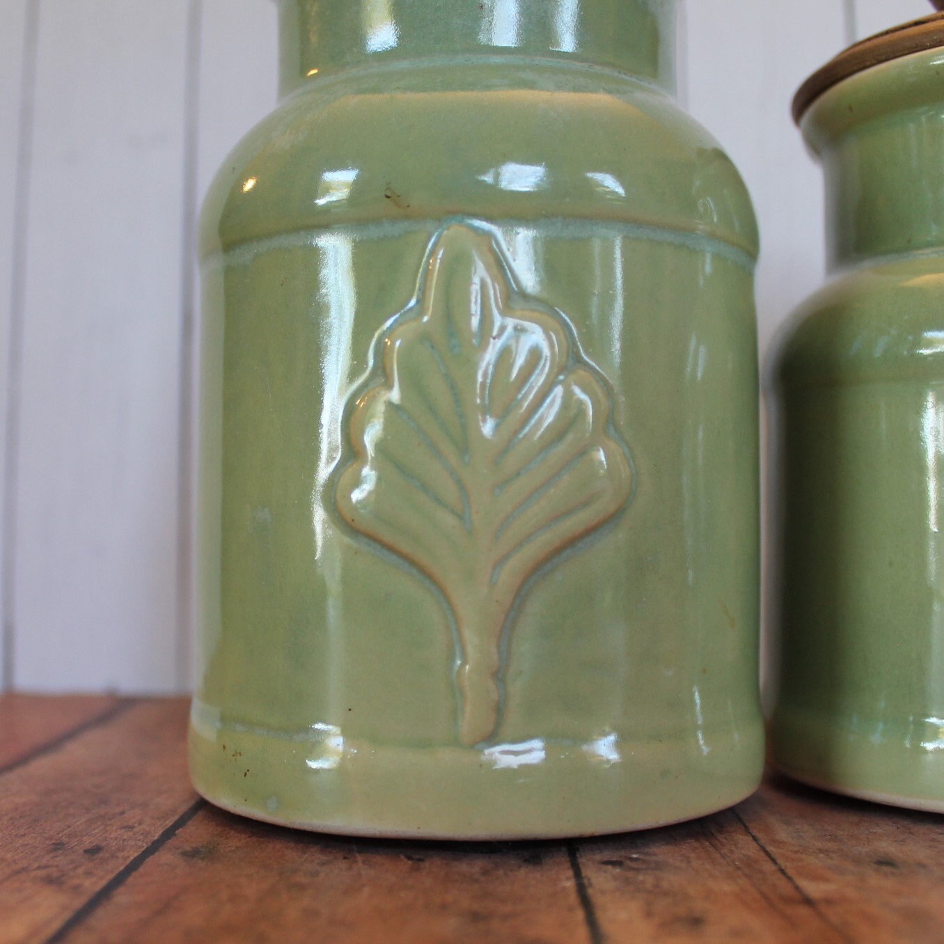 Vintage Foreside Pottery Canister Set of 2 Jars with Wooden Lids Green ...
