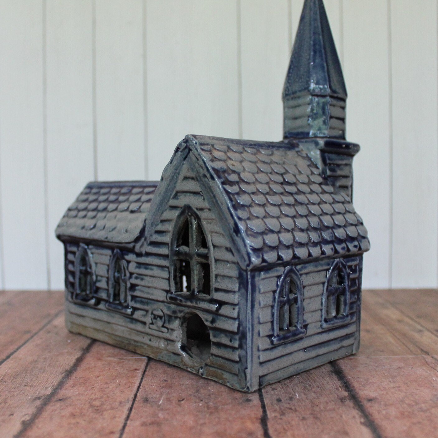 Vintage Rowe Pottery Works Salt Glazed Church Village Building Gray ...