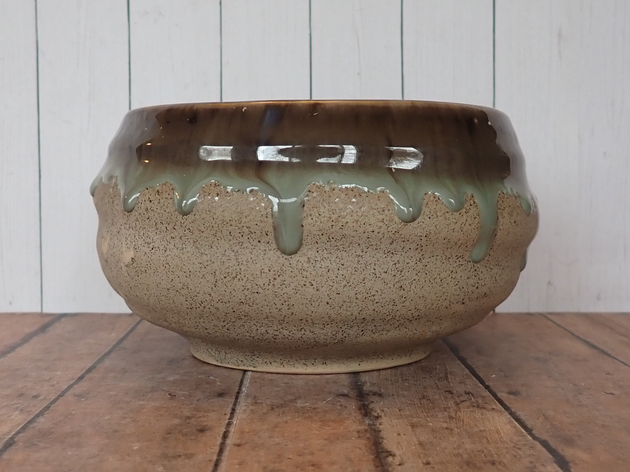 Vintage Stoneware Pottery Planter Beige Tan with Gray Blue Drip Glaze ...