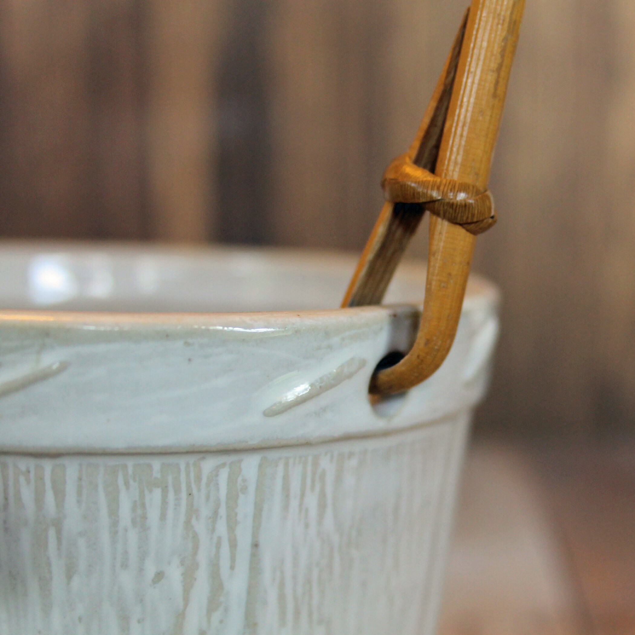 Vintage White Ceramic Bucket Basket Dish with Bamboo Handle Planter ...