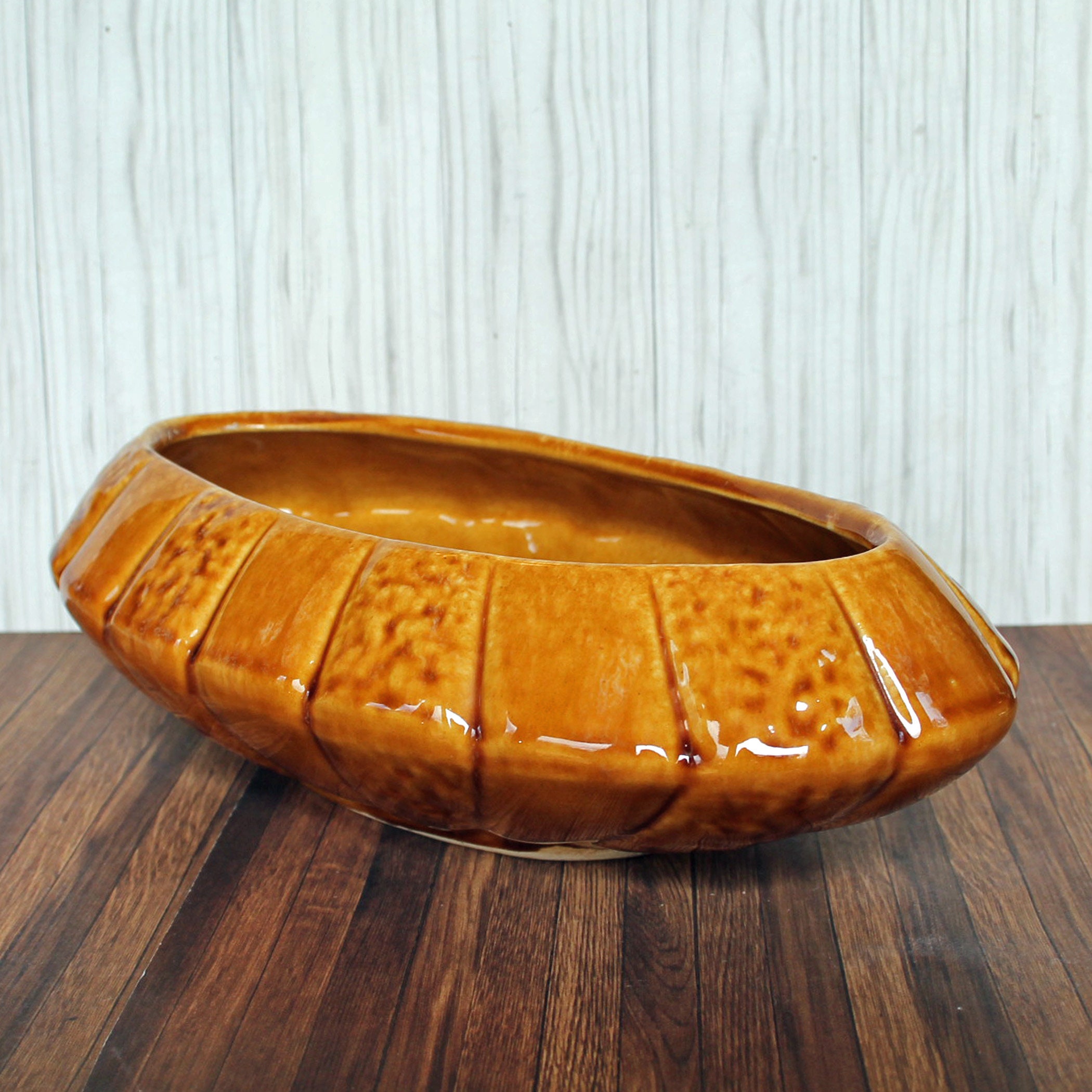 Vintage Gold Oval Ribbed Ceramic Planter 1002 Flower Pot Mid Century ...