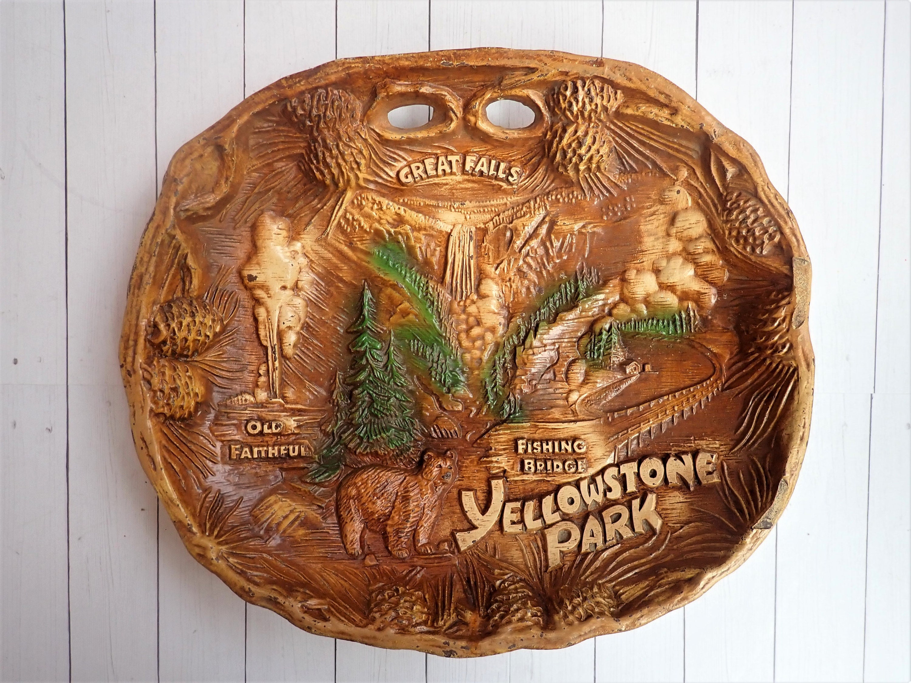 Vintage Yellowstone National Park Faux Wood Souvenir Wall Plate Tray ...