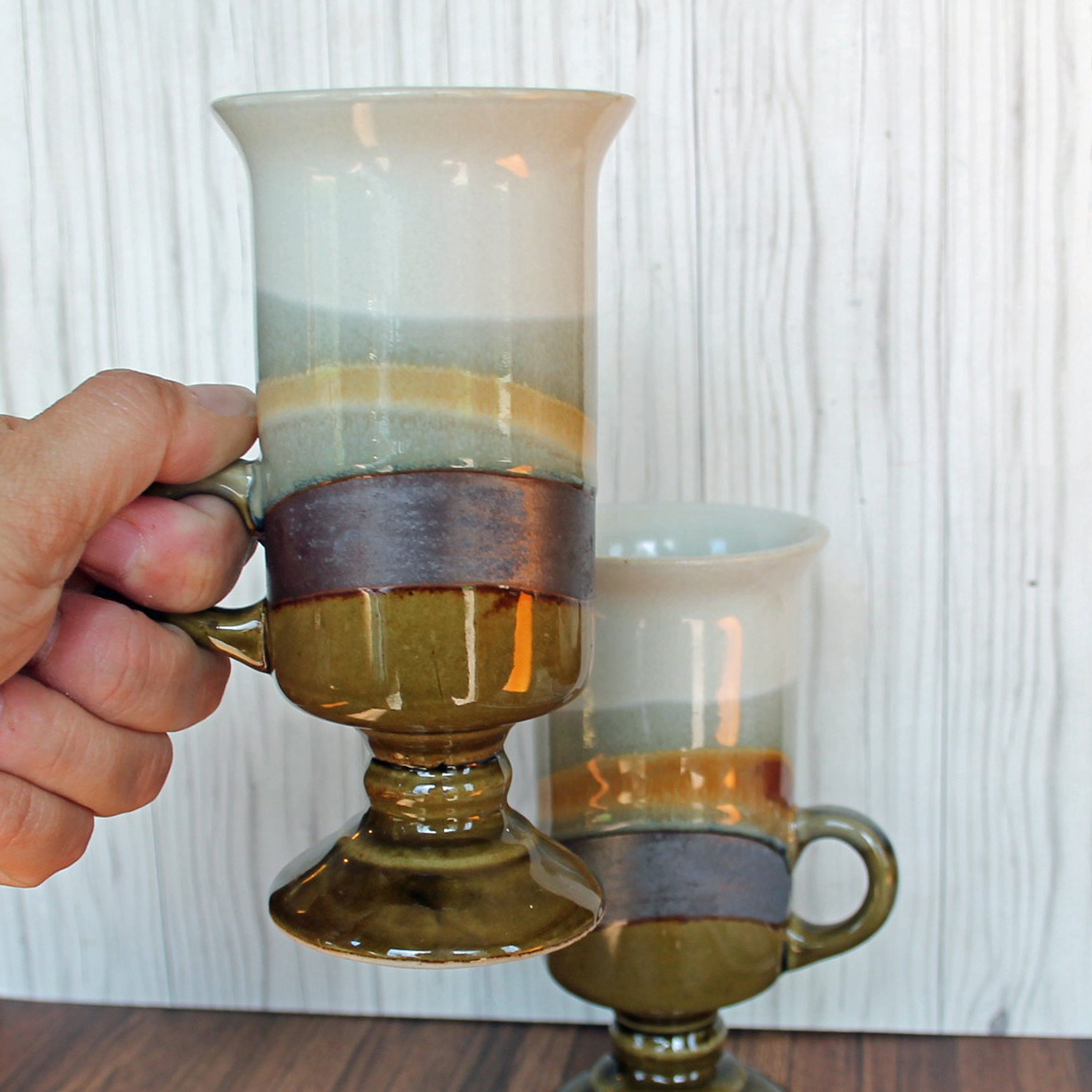 Vintage Otagiri Ceramic Footed Pedestal Mug Set of 2 Green Gray White ...