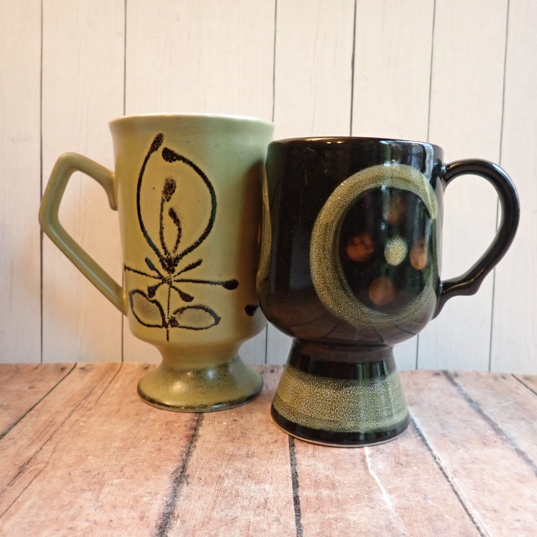 Vintage Stoneware Footed Mug Set of 2 Green and Black Otagiri Style ...