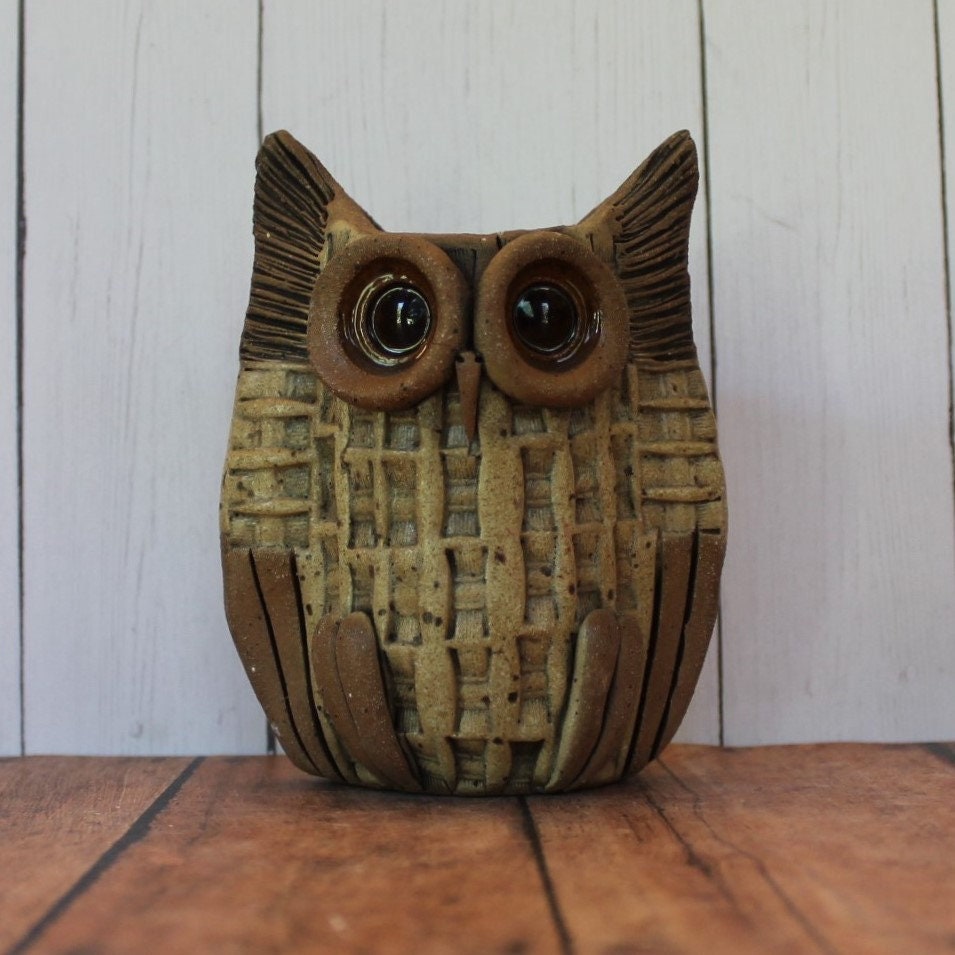 Vintage Pottery Owl Vase Tan Beige Stoneware Owl Figurine and Tile ...