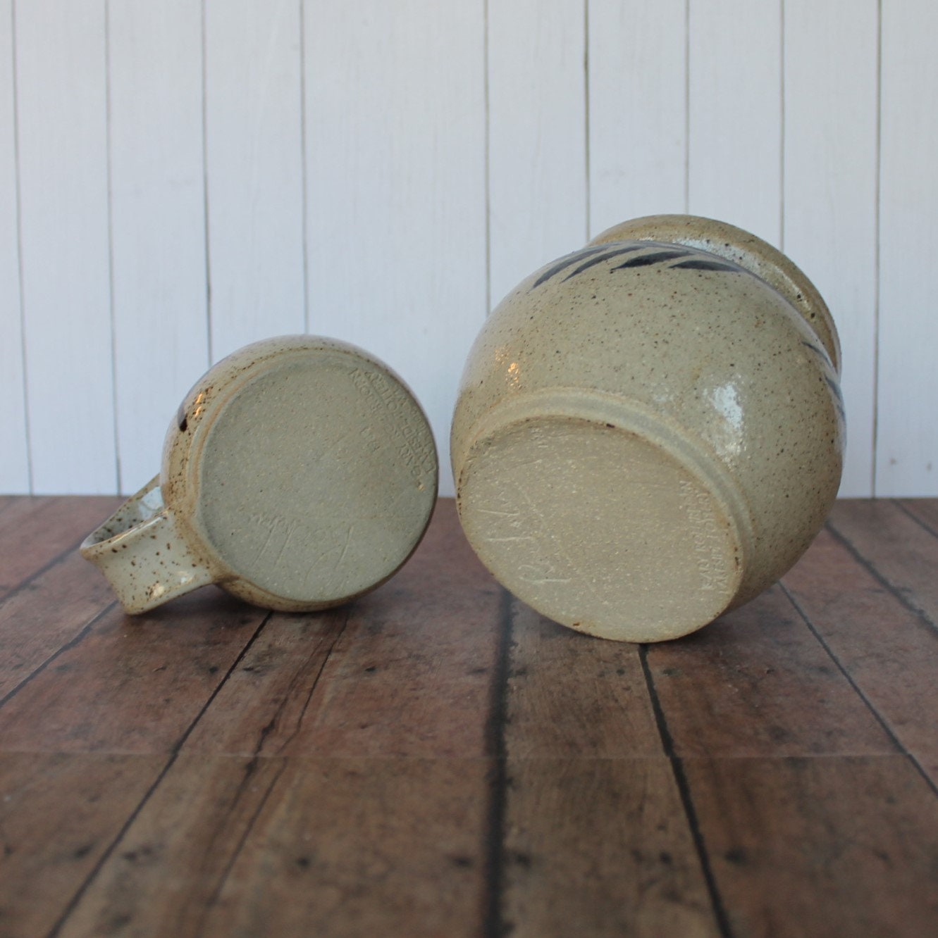 Vintage Stoneware Pottery Planter and Mug Set Gray Blue Brown with Leaf ...