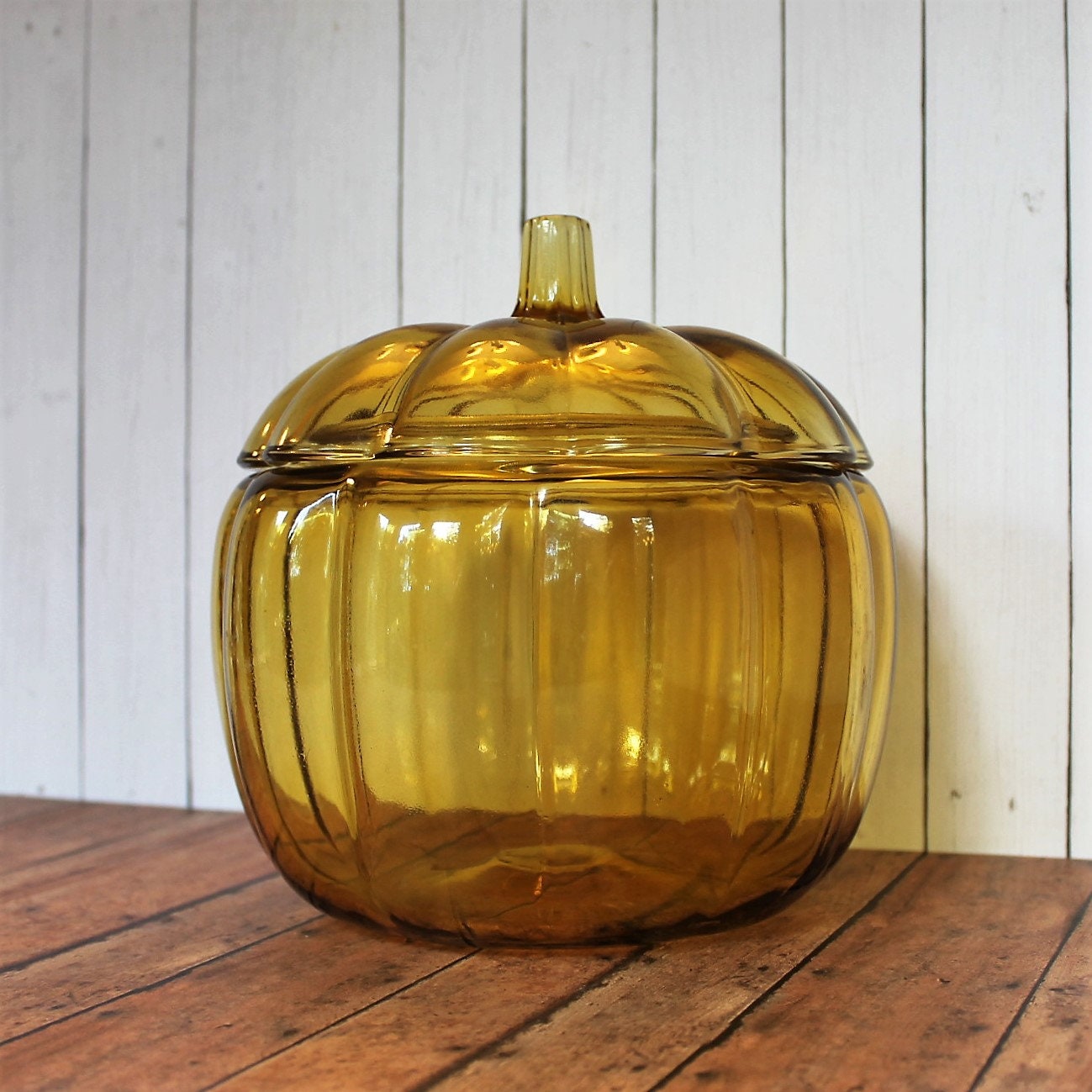 Vintage Large Glass Pumpkin Canister Bowl Candy Dish with Lid Yellow ...