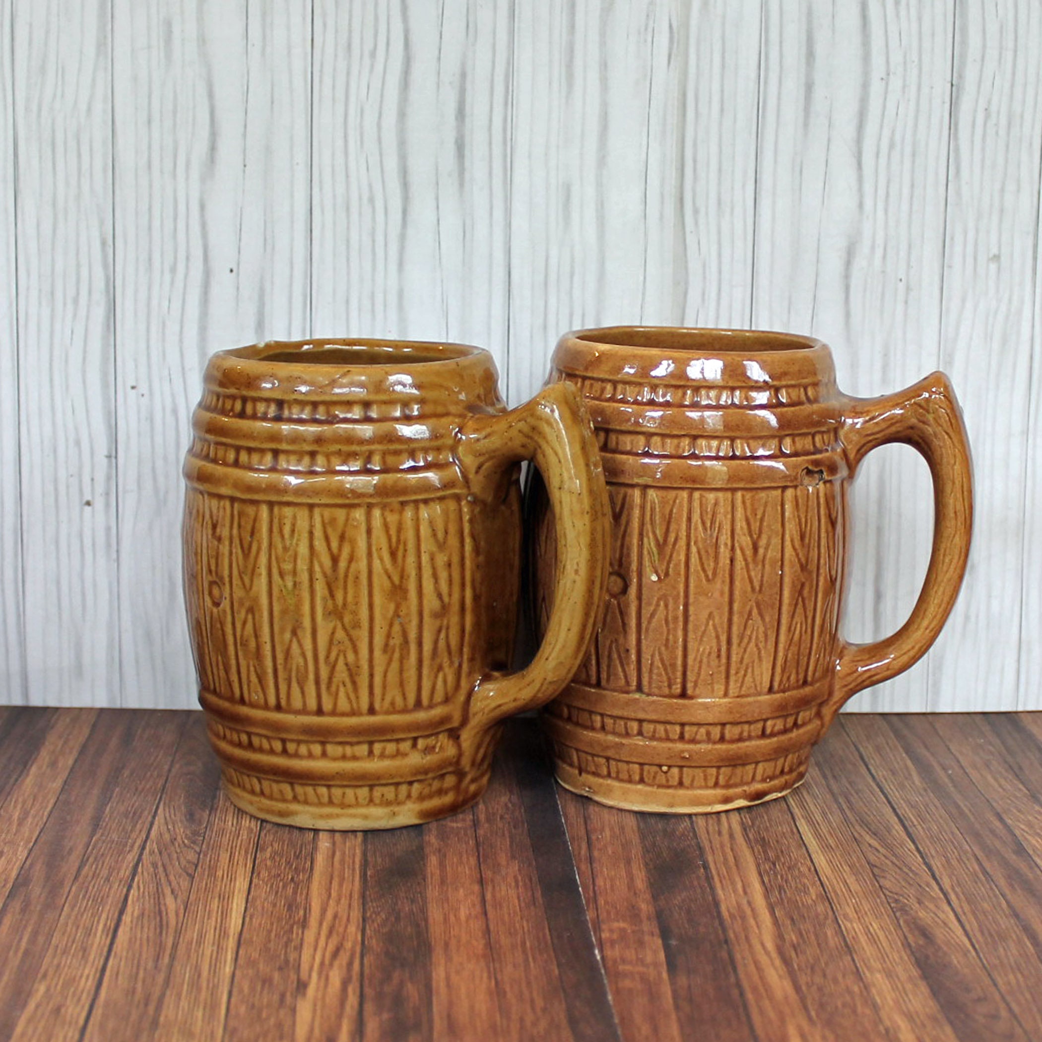 Vintage Ceramic Stoneware Barrel Mug Set of 4 Beer Stein Faux Wood ...