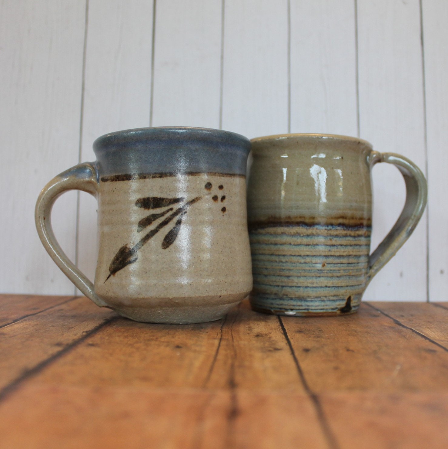 Vintage Stoneware Pottery Mug Coffee Cup Set of 2 Small Handmade Gray ...