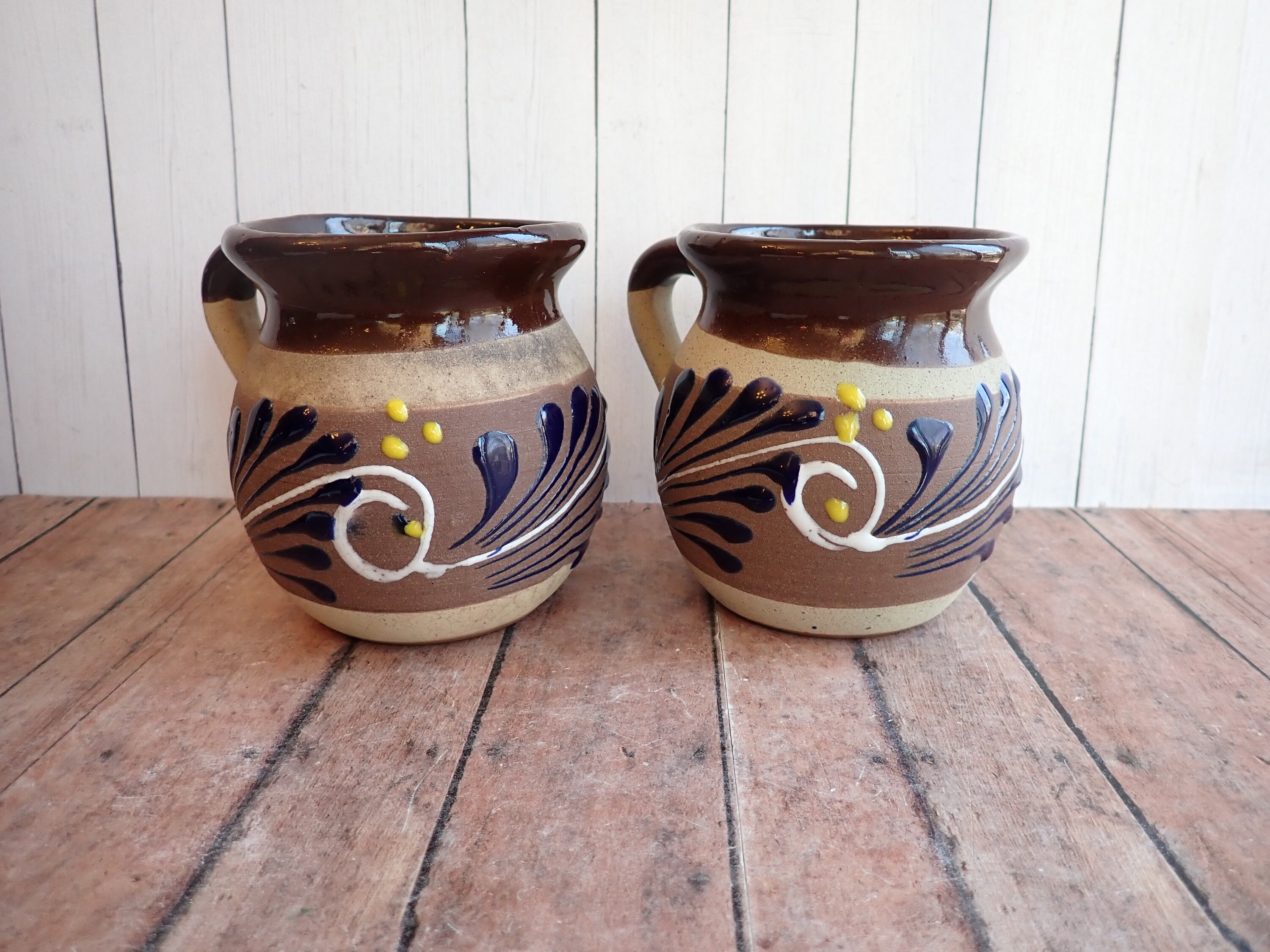 Vintage Mexican Pottery Redware Mug Set of 2 Tan Stoneware with Blue ...