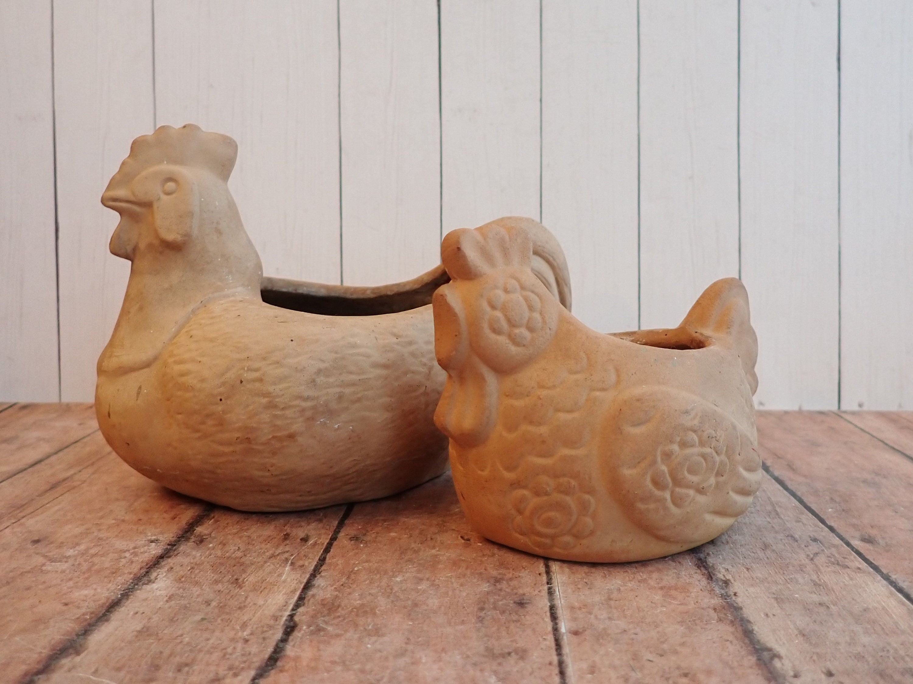 Vintage Terra Cotta Chicken Rooster Bird Planter Set of 2 Succulent Planter