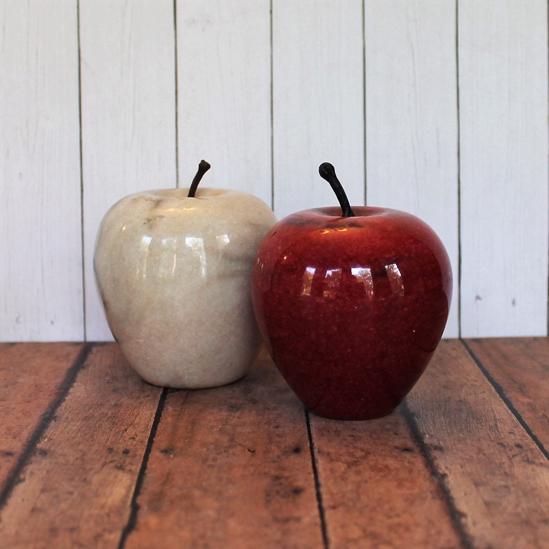 Vintage Carved Stone Apple Figurine Set of 2 Red and White Gray ...