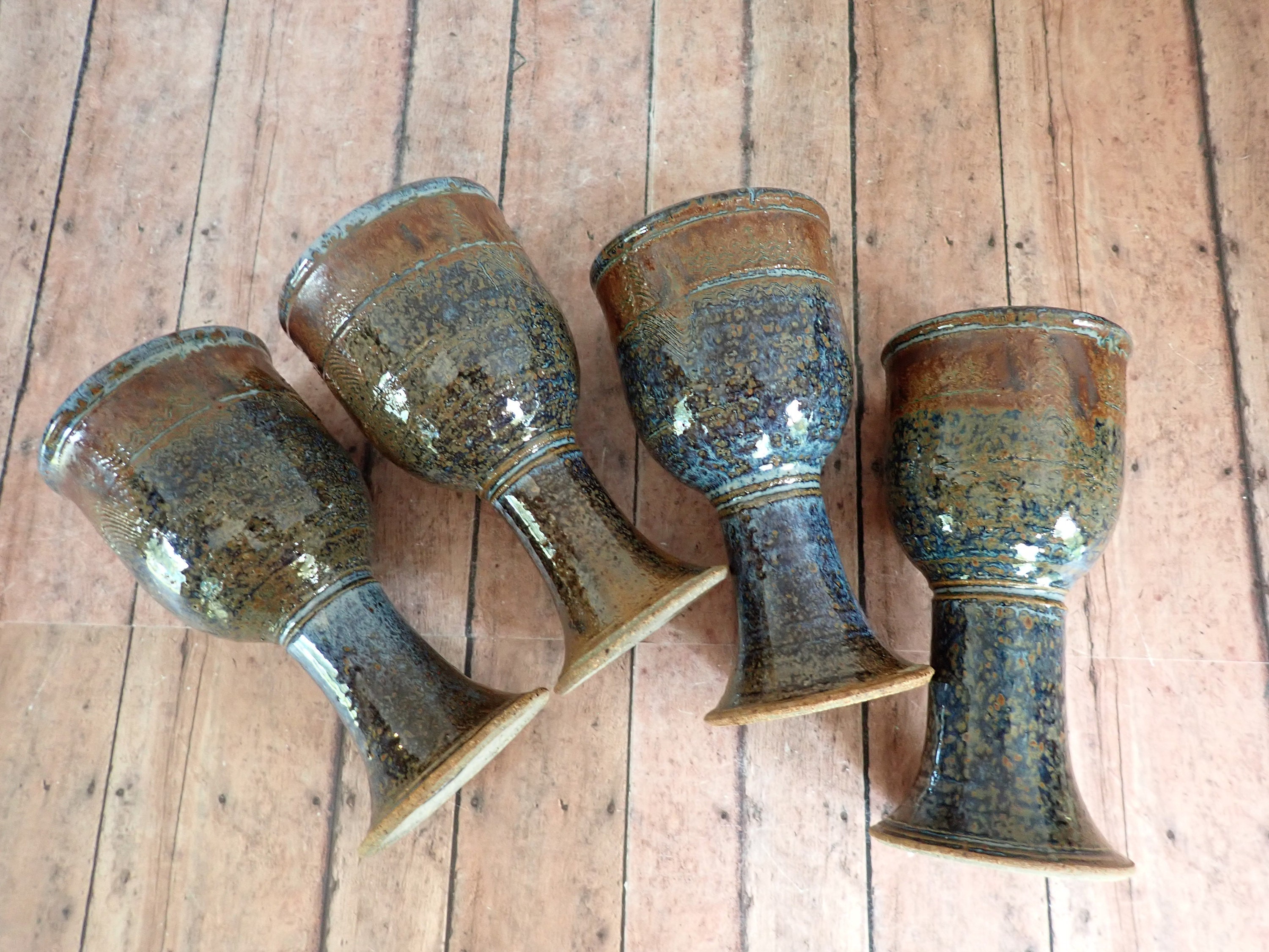 Vintage Stoneware Pottery Goblet Set of 4 Blue and Brown Wine Glass Chalice