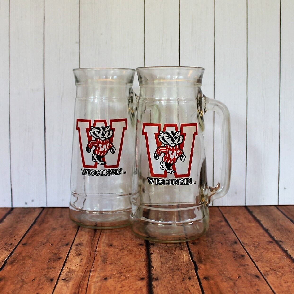 Vintage University of Wisconsin Madison Clear Glass Beer Stein Mug Set ...