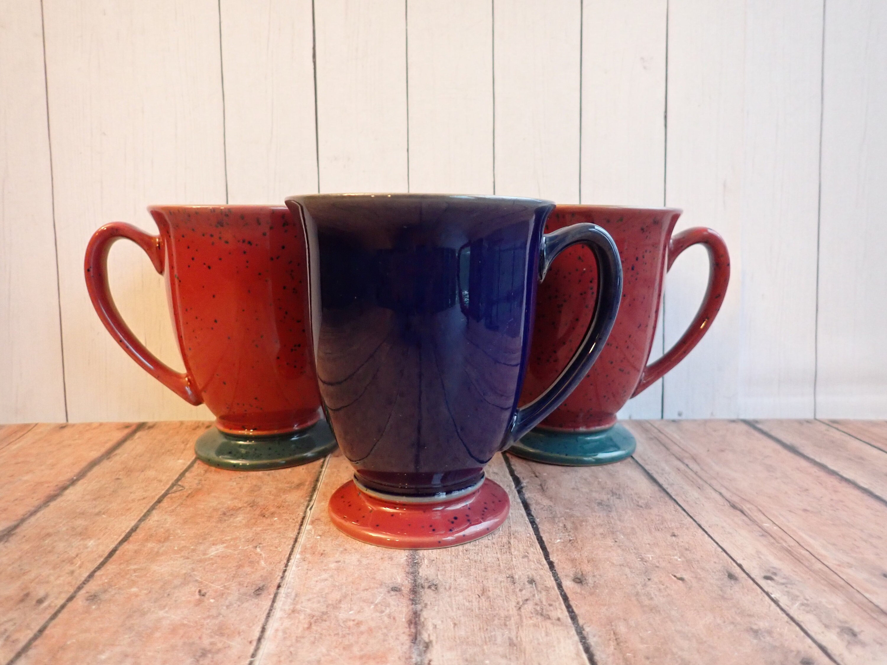 Vintage Denby HARLEQUIN Footed Mug Cup Set of 3 Red and Blue Mugs ...