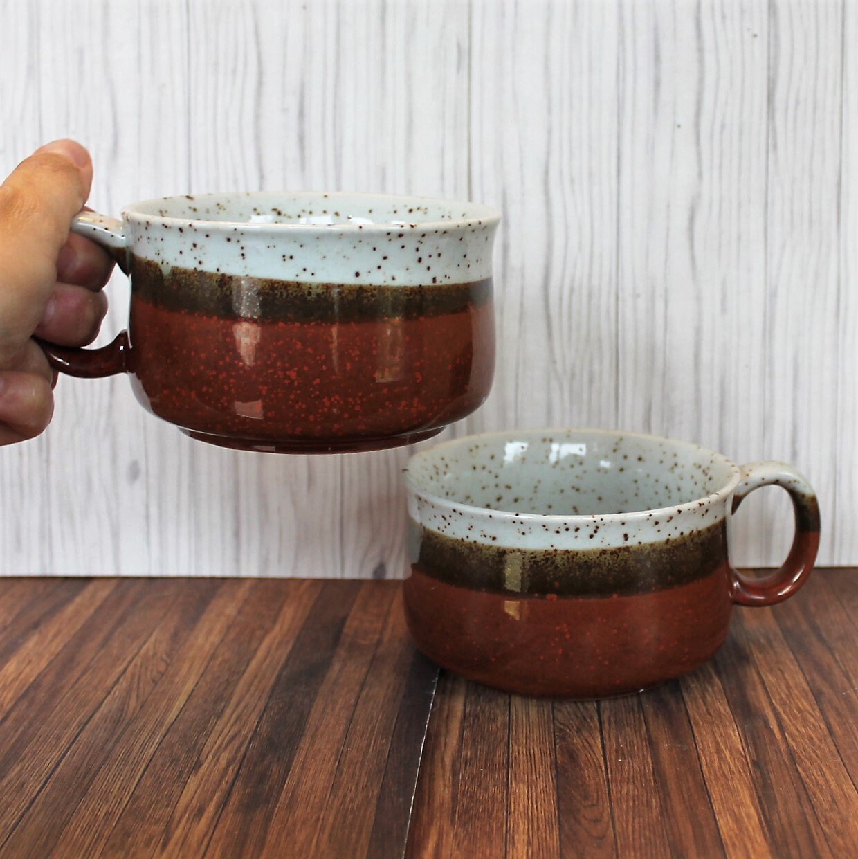 Vintage Soup Bowl Mug with Handle Set of 2 Ceramic Rust Brown Gray ...