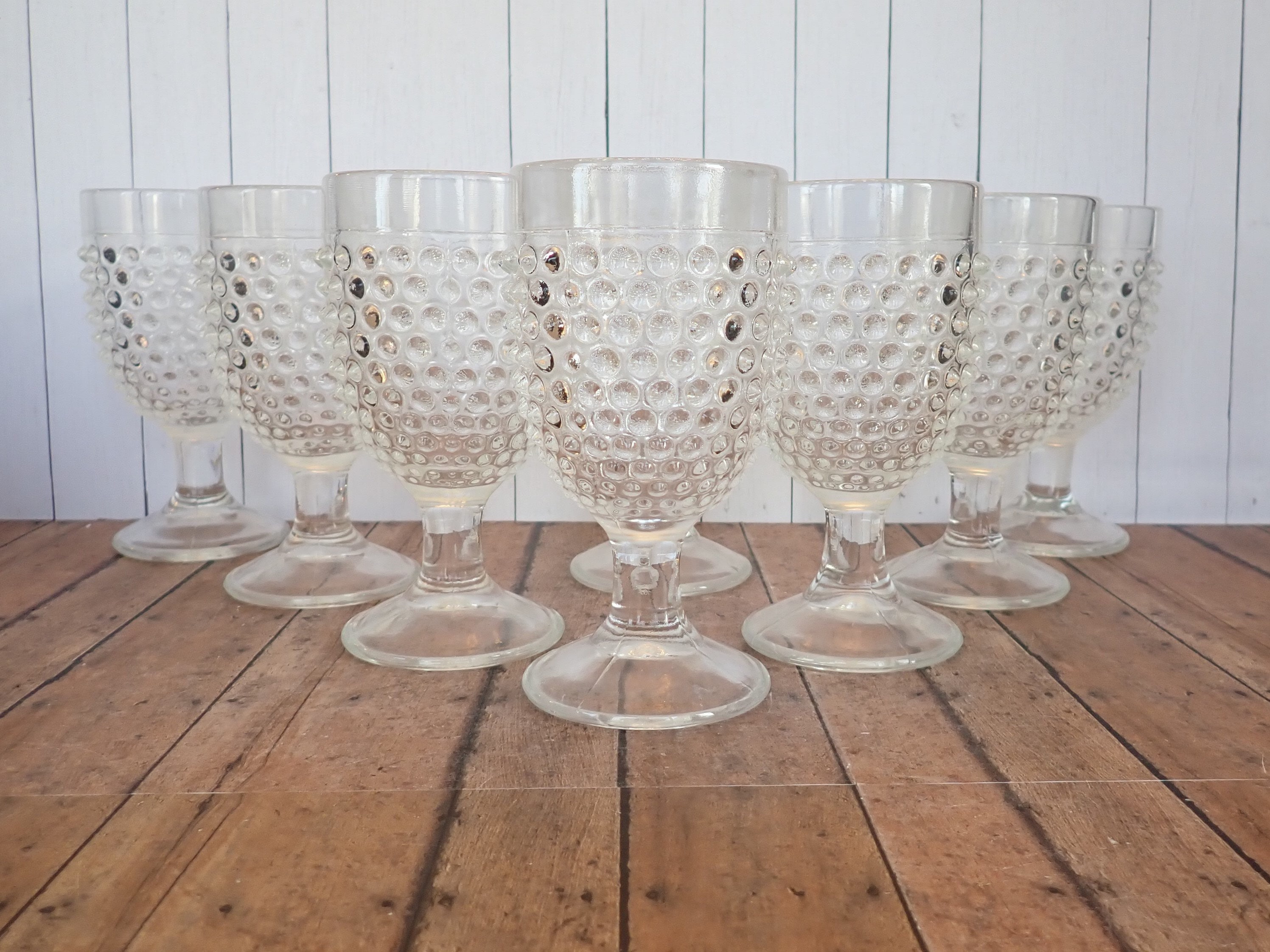 Vintage L.E. Smith Hobnail Clear Glass 6 Water Goblet Set of 8 Wine Glasses