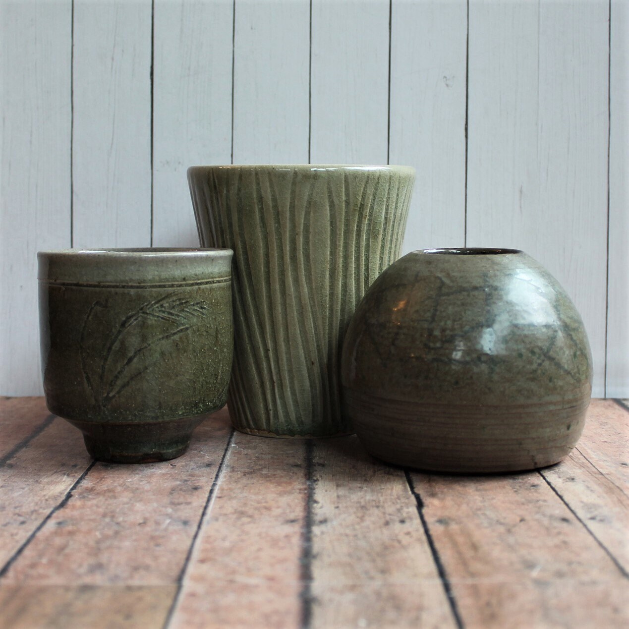 Vintage Handmade Stoneware Planter Vase Set of 3 Rustic Style Green and ...