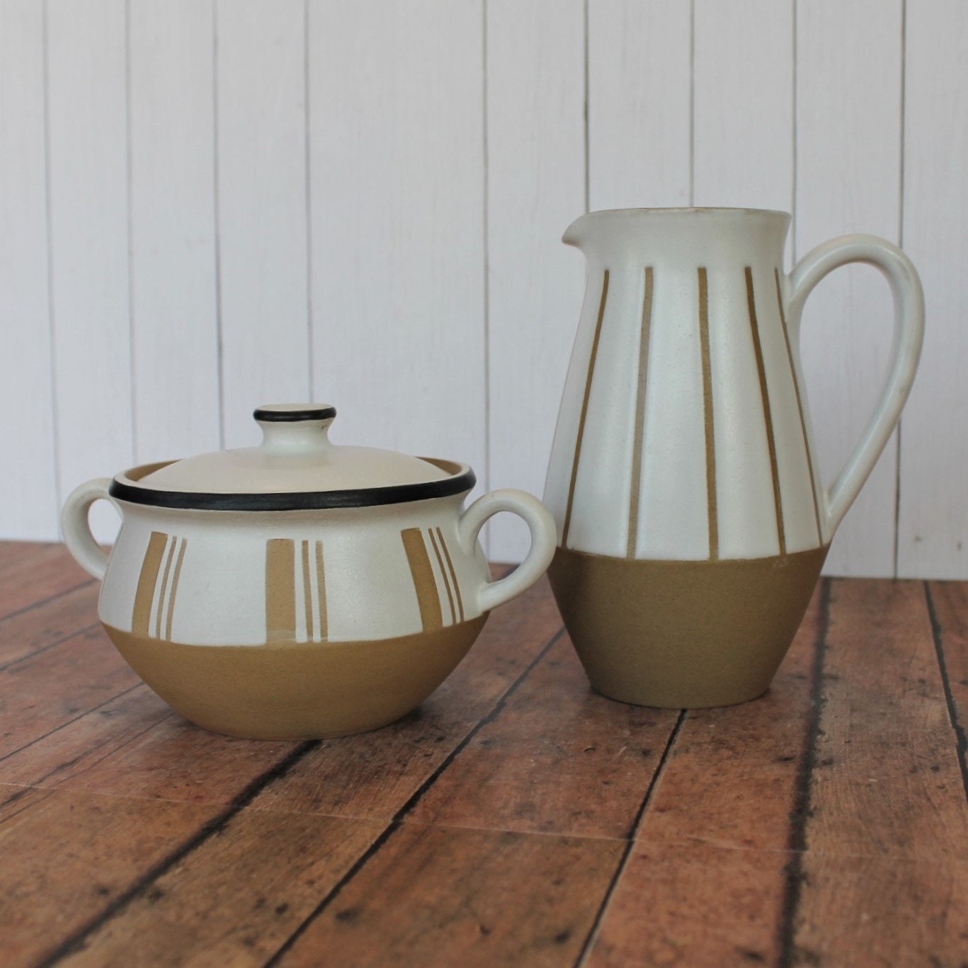 Vintage Denby GOURMET Sugar Bowl and Creamer Set of 2 White with Tan ...
