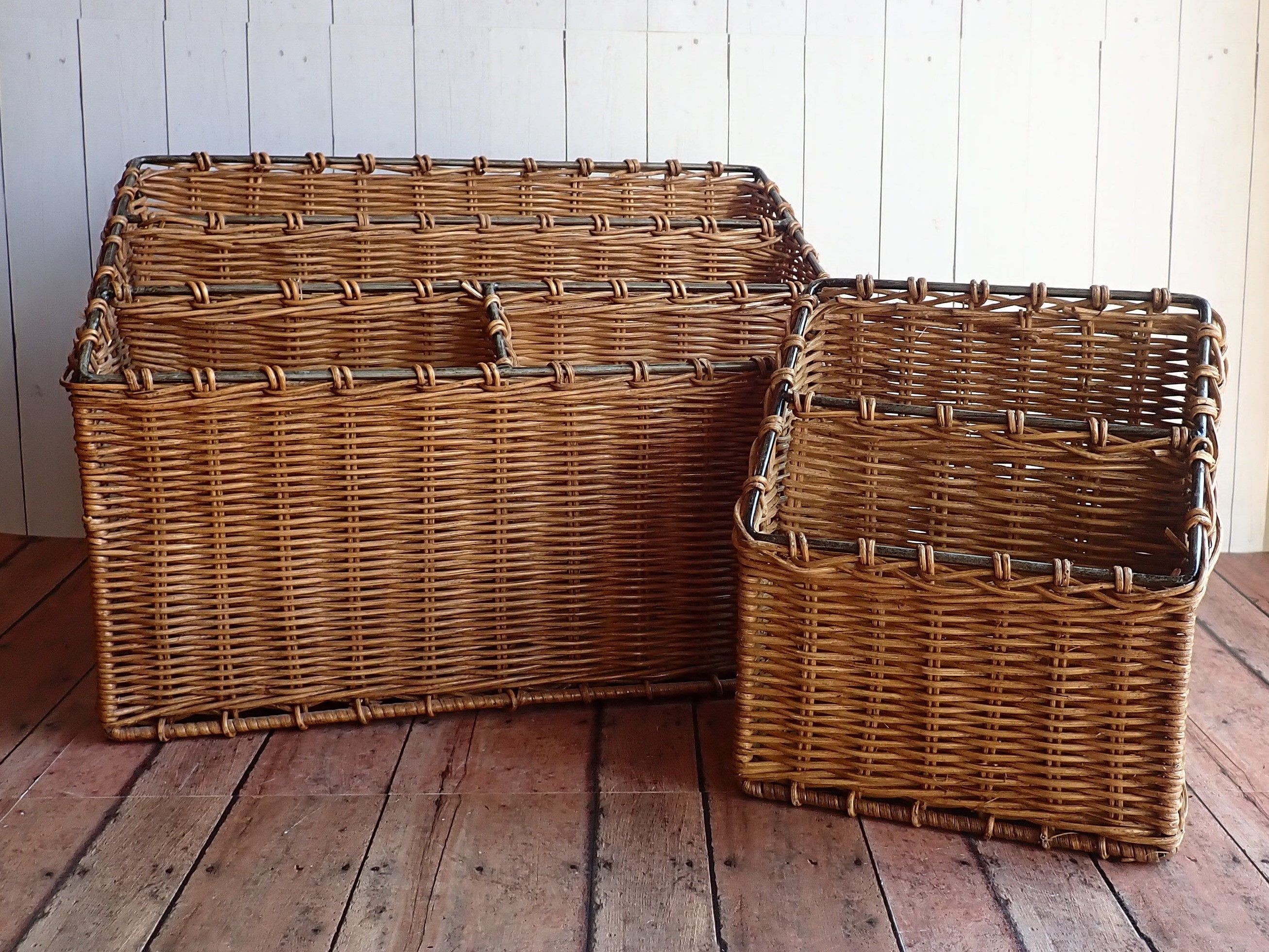 Vintage Wicker and Metal Desk Storage Organizers Set of 2 Office ...