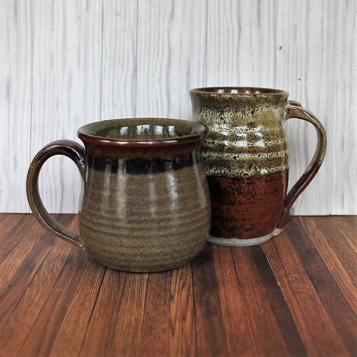 Vintage Stoneware Pottery Mug Coffee Cup Set of 2 Handmade Brown Beige ...