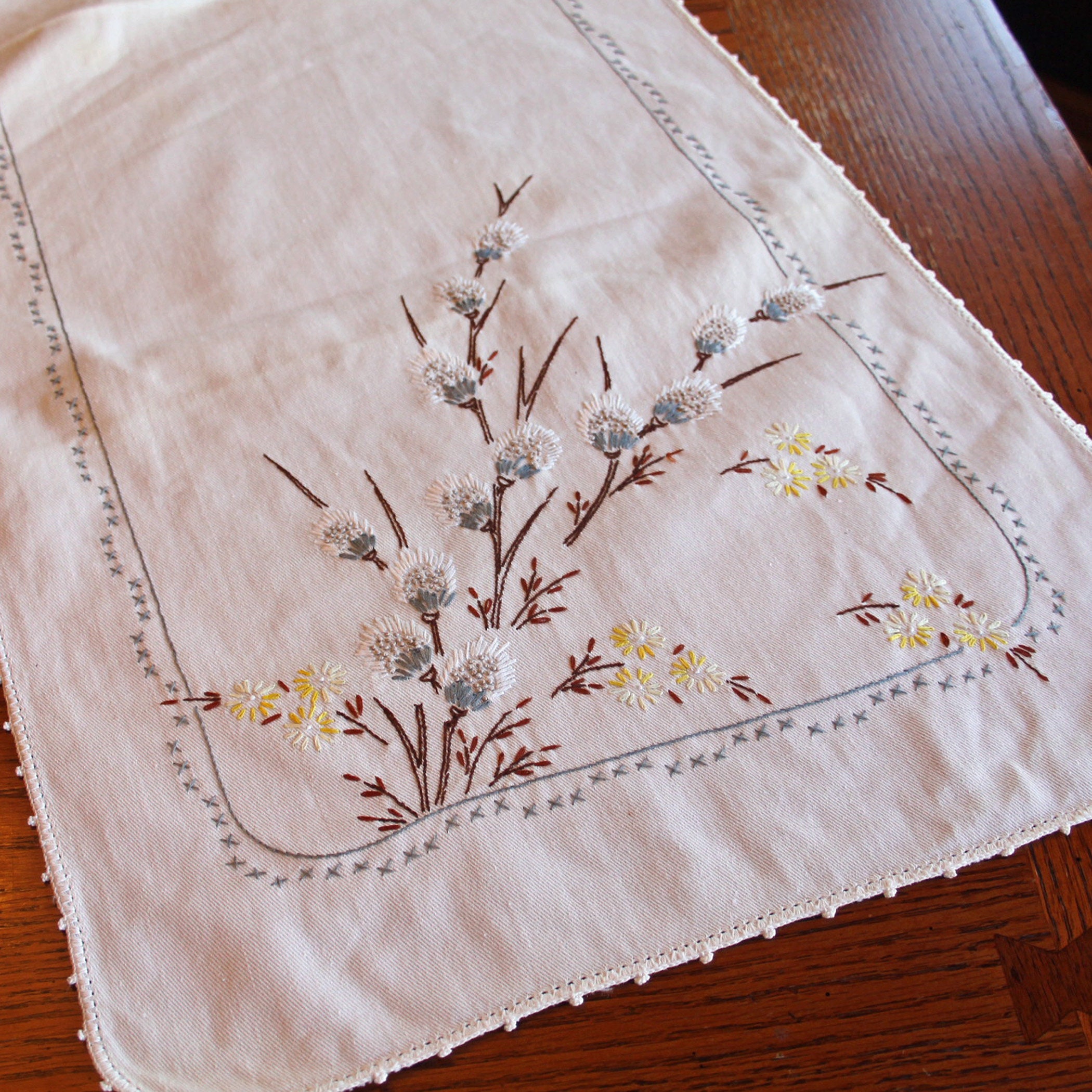 Vintage Cotton Table Runner White with Embroidered Gray Brown and ...