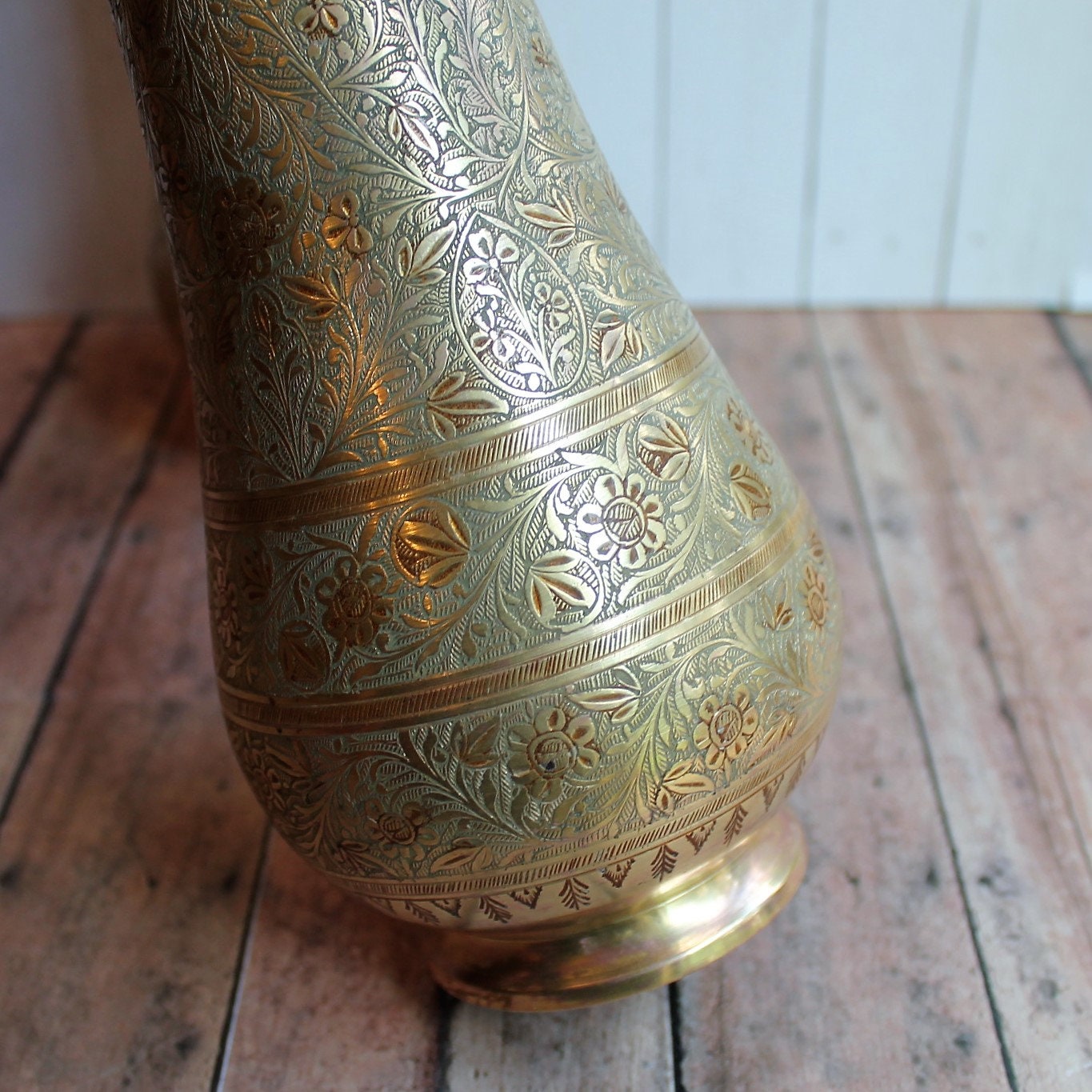 Vintage Brass Vase Set Of 2 Matching Large 10 Brass Vases With Etched Floral Flower And Leaf