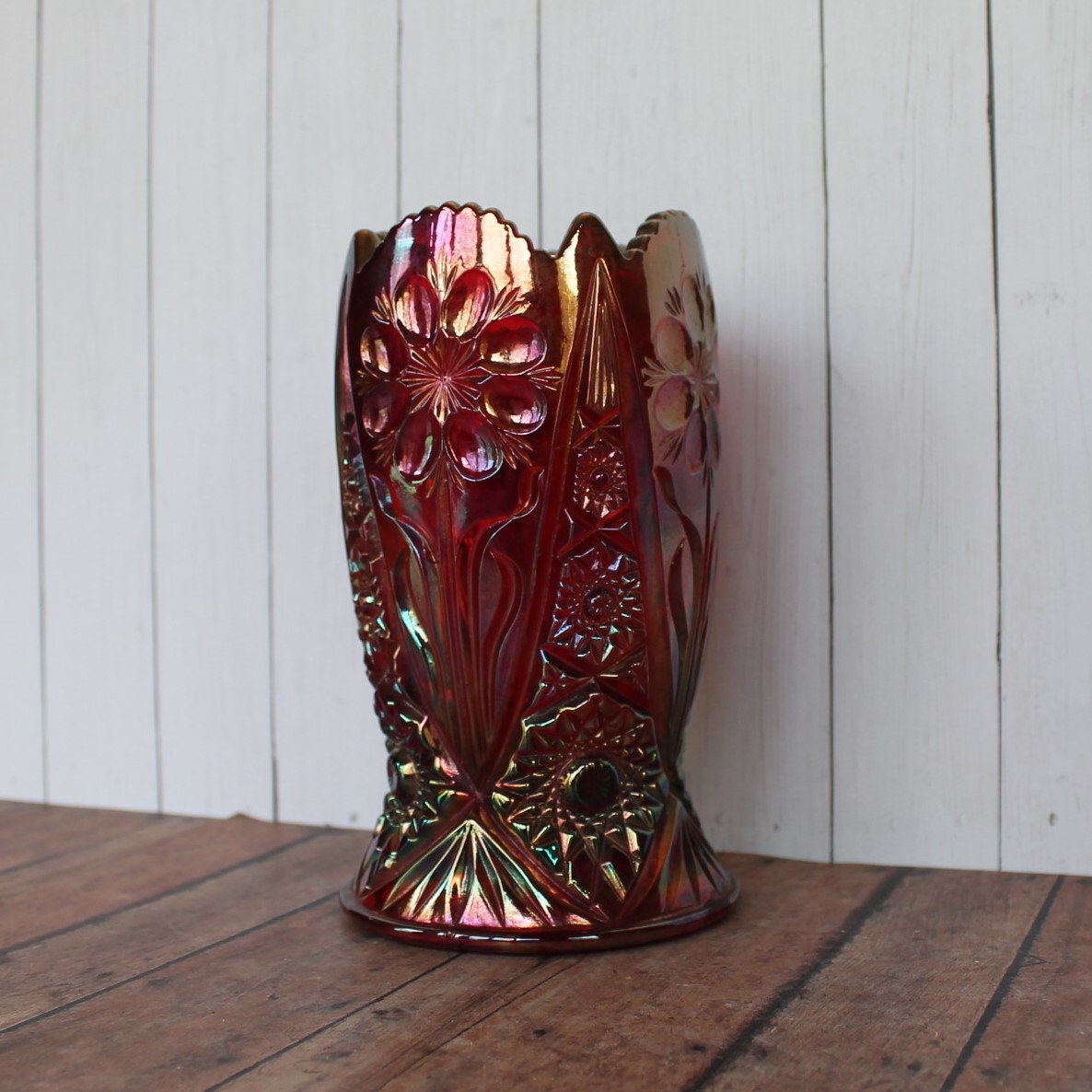 Vintage Red Carnival Glass Vase With Daisy Flower And Hobstar Design Imperial Glass Mayflower