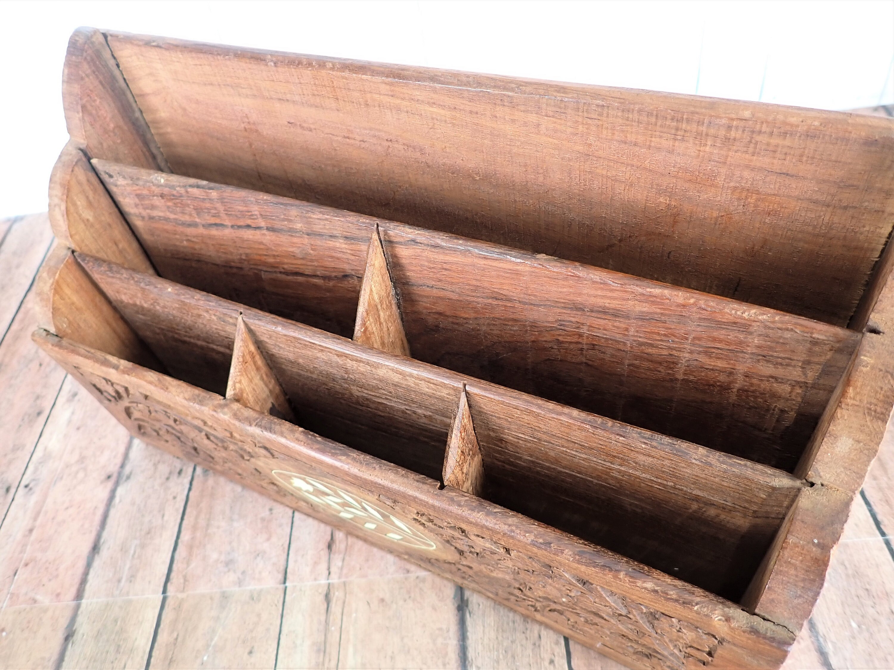 Vintage Wooden Office Desk Paper Organizer Carved Wood with Floral ...