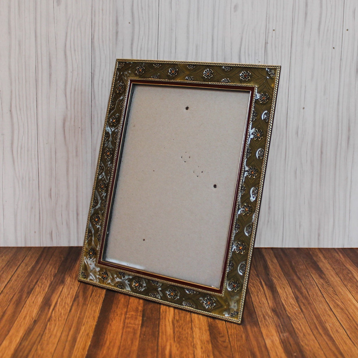 Vintage Metal and Enamel Photo 5x7 Picture Frame Green and Gold Floral ...