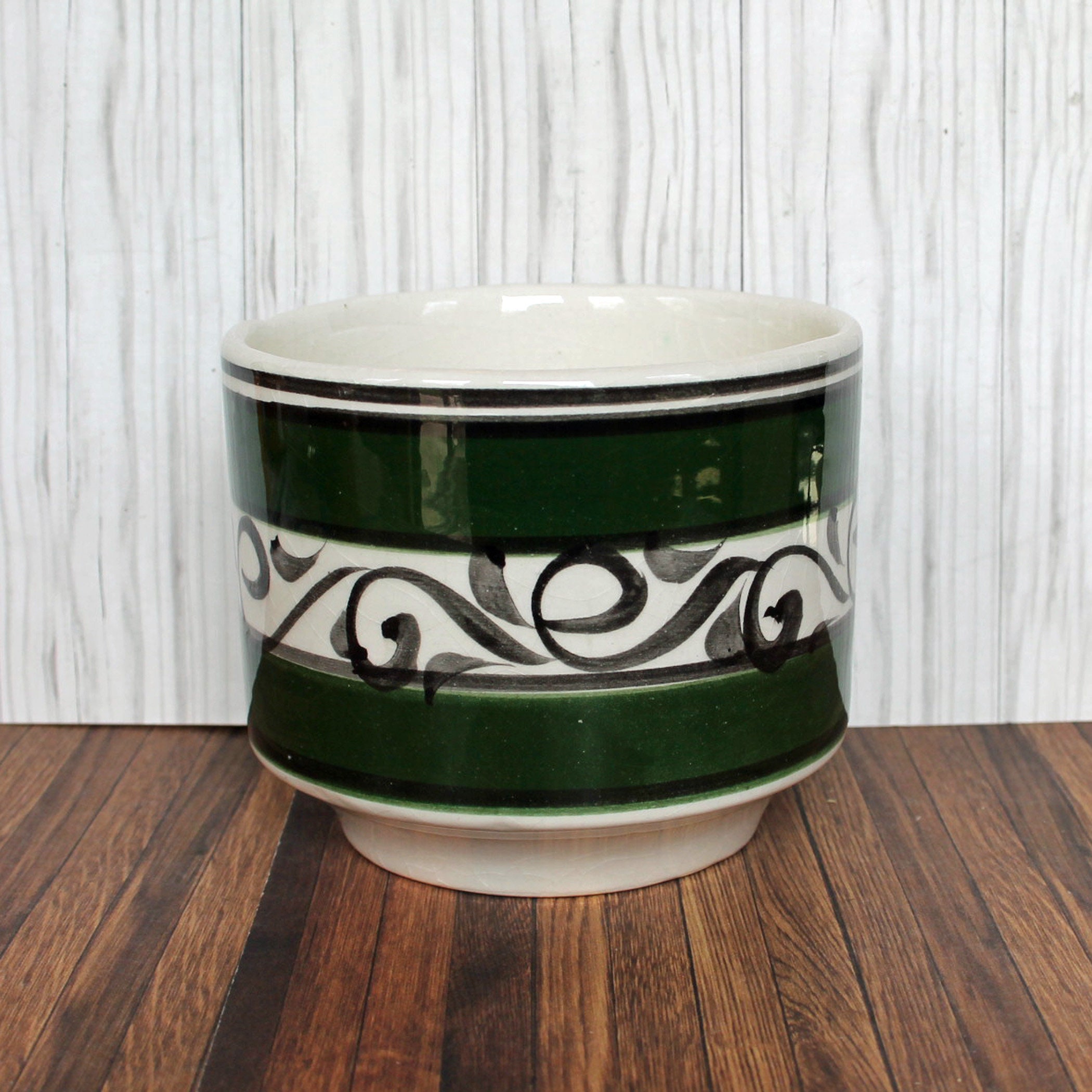 Vintage Mexican Ceramic White and Green Banded Planter with Black Sroll ...