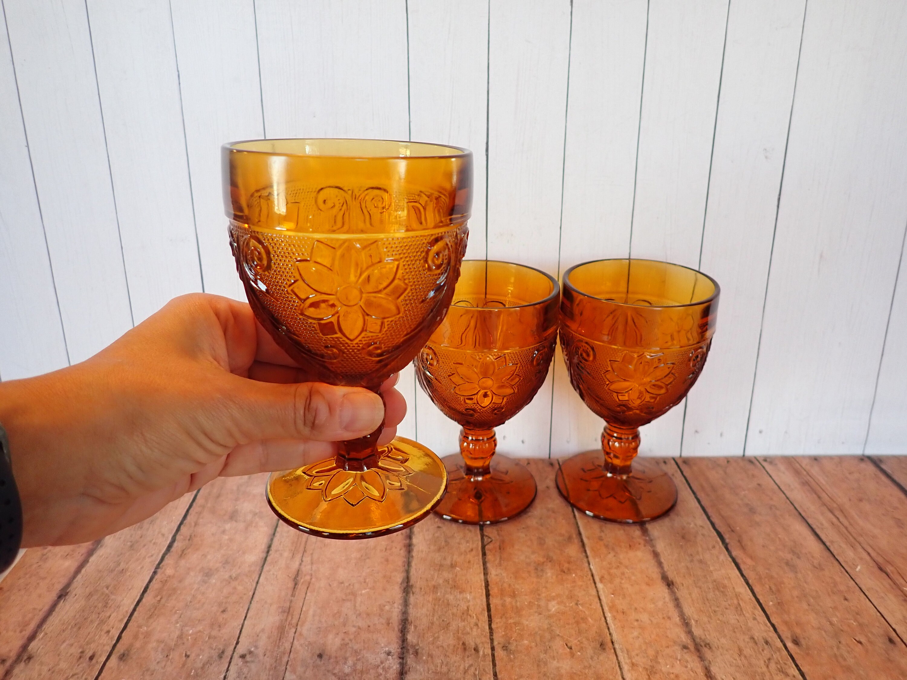 Vintage Indiana Glass Tiara SANDWICH AMBER Water Goblet Set of 3 Wine ...