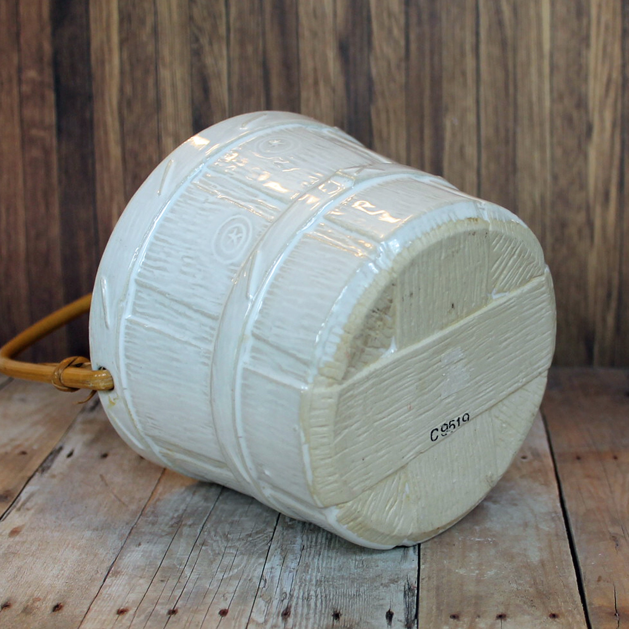 Vintage White Ceramic Bucket Basket Dish with Bamboo Handle Planter ...