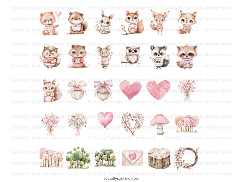 30 Valentines Day Clipart, Watercolor Woodland Animals PNG, Romantic ...