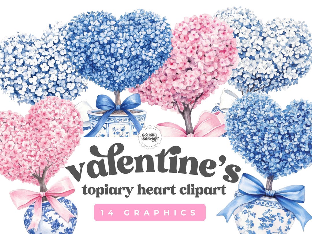 Topiary Heart Chinoiserie Style Clipart | Ceramic Pot Valentine’s Day ...