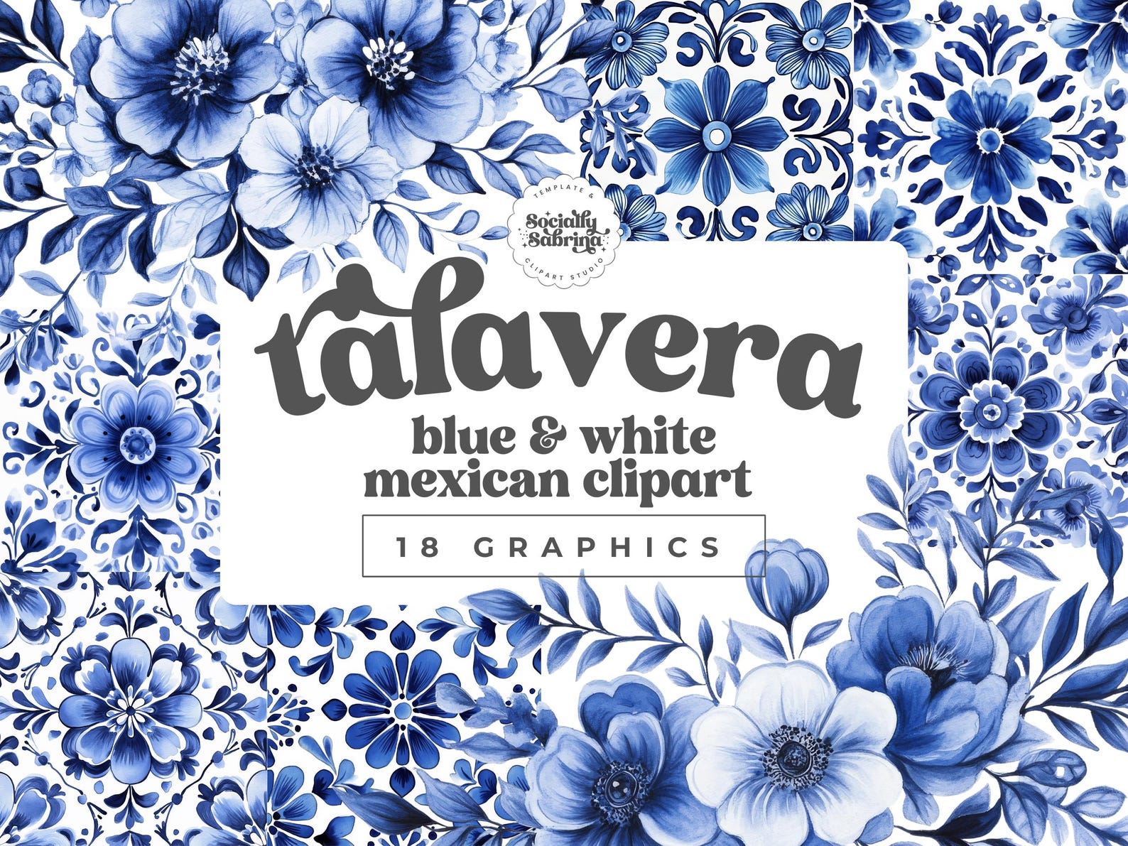 Mexican Talavera Clipart Set, Blue & White Tile Designs, Digital ...