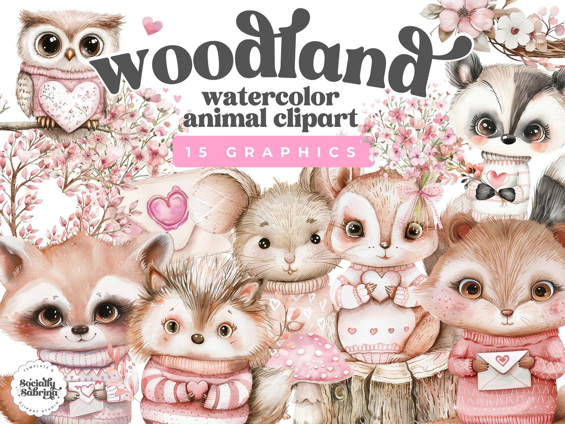 30 Valentines Day Clipart, Watercolor Woodland Animals PNG, Romantic ...