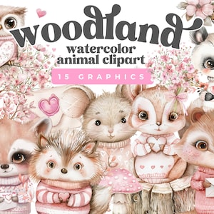 30 Valentines Day Clipart, Watercolor Woodland Animals PNG, Romantic ...