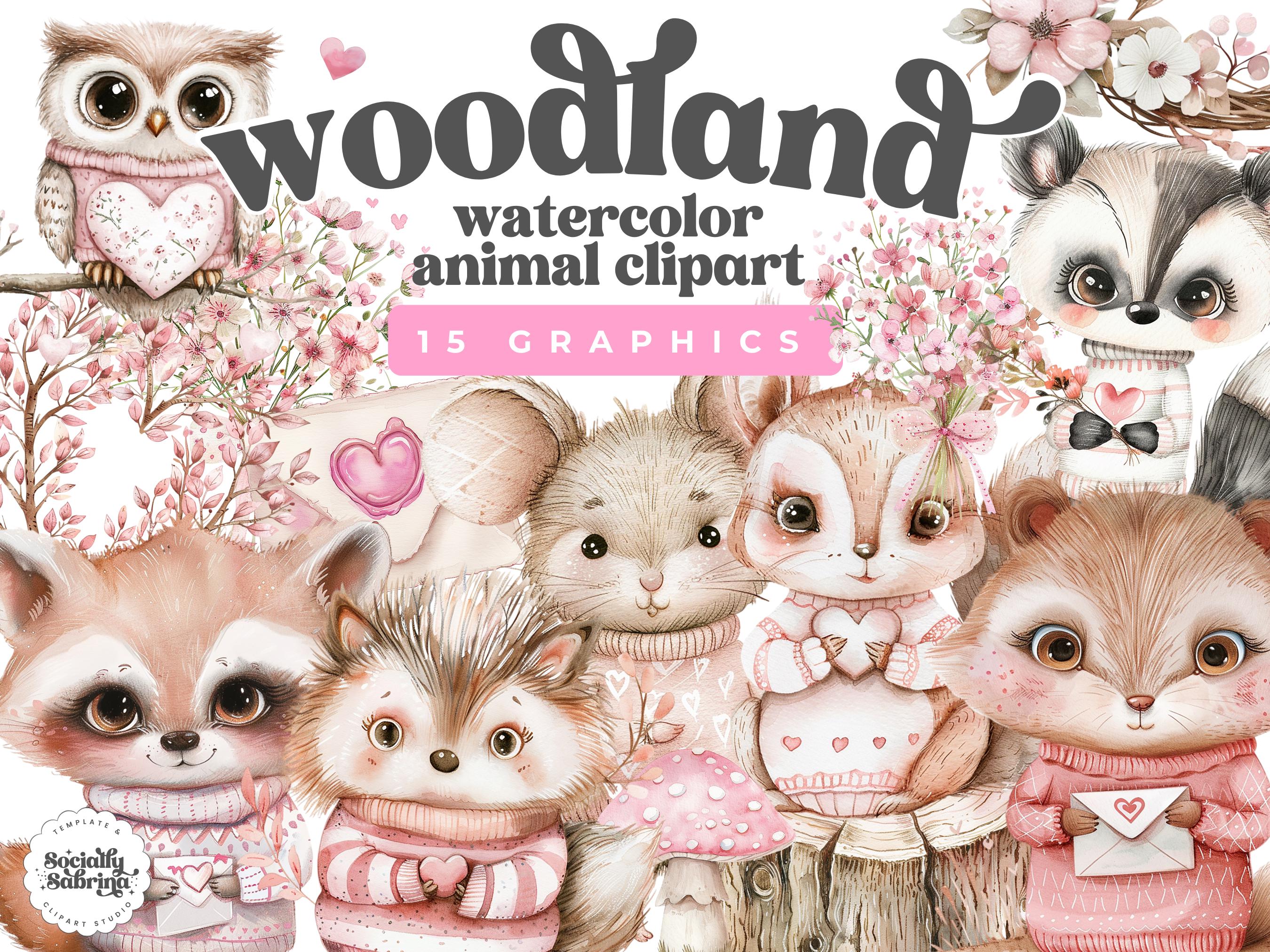 30 Valentines Day Clipart, Watercolor Woodland Animals PNG, Romantic ...