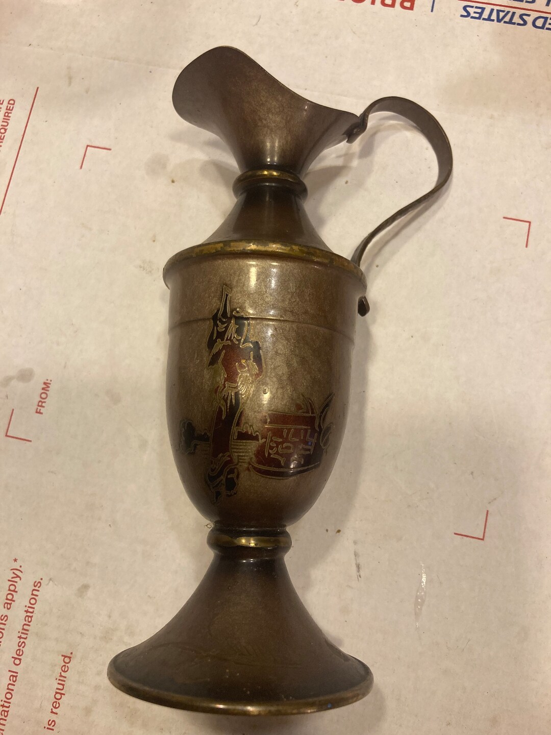 Rare 1940-50's BRASS Decorative Handled 7" X 4" Pitcher W FIGURE ...