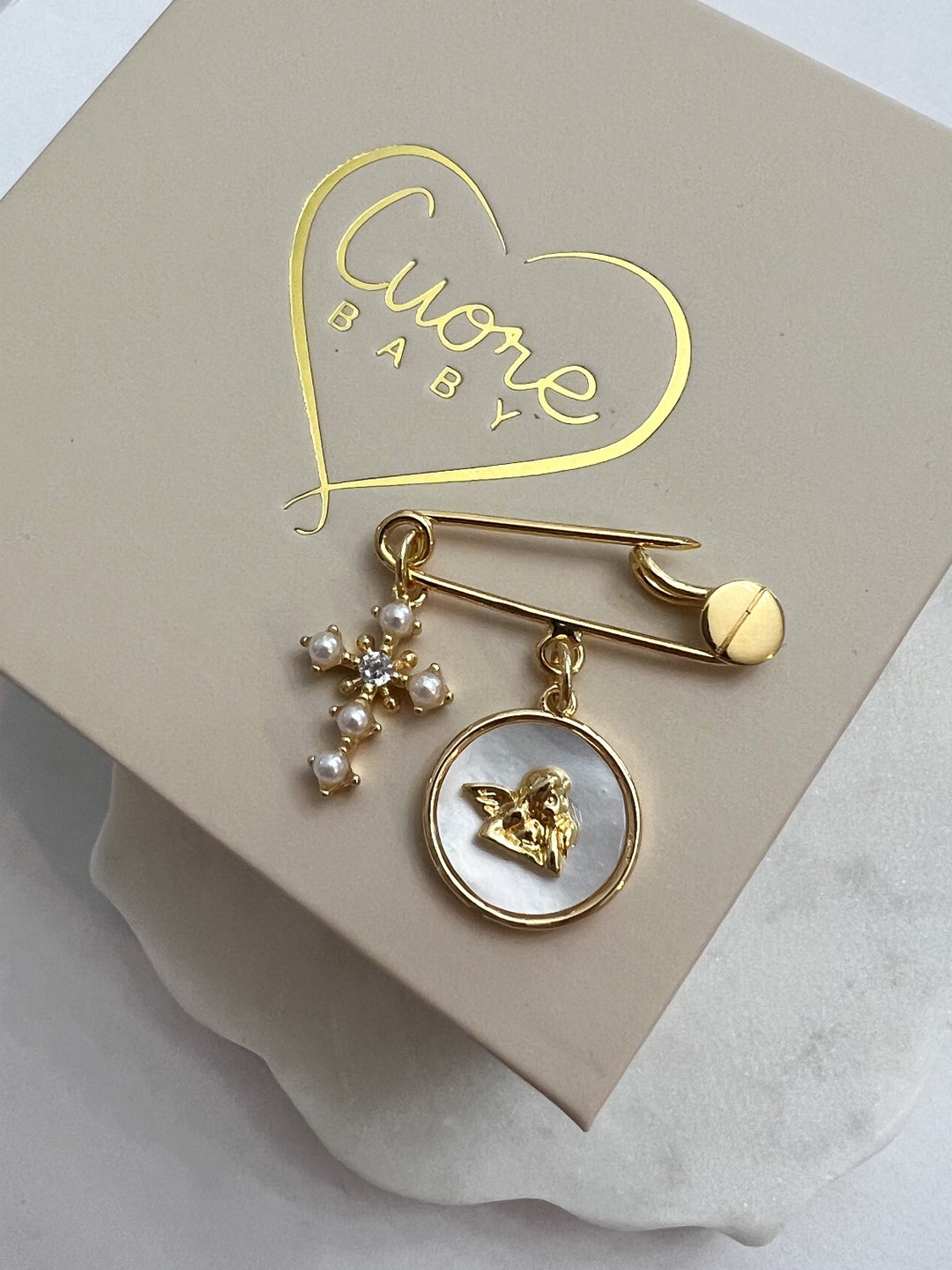 24k Gold Plated Baby Safety Pin. Nacre Angel Charm. Guardian Angel ...