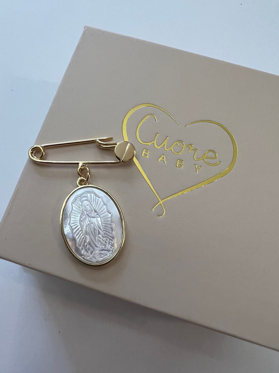 24K Gold Plated Baby Safety Pin. Guadalupe Virgin. Guadalupe Mother Pearl Safety Pin. Mother ...