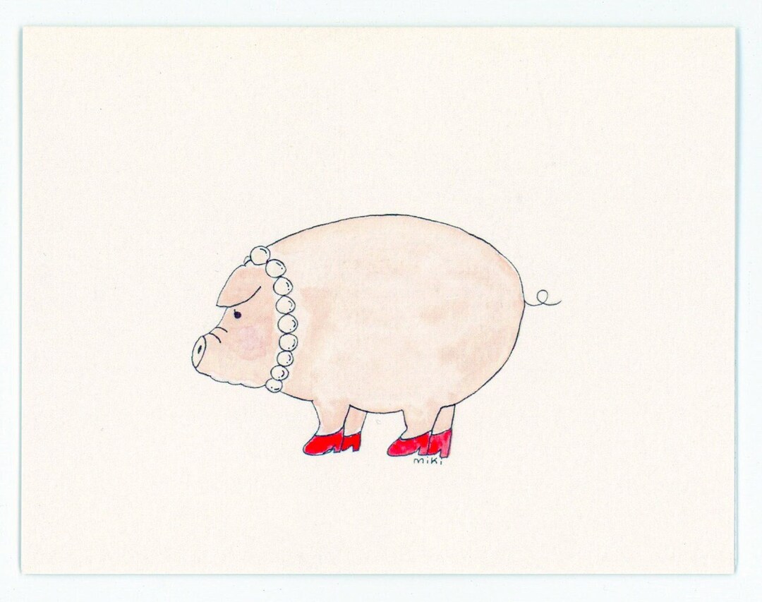 Pig in Pearls Greeting Card Watercolor Illustration, Handmade Card ...