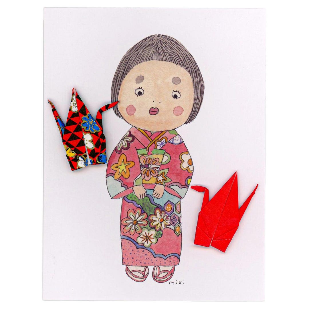Kimono Girl & Origami Cranes Watercolor Greeting Card | Handmade ...