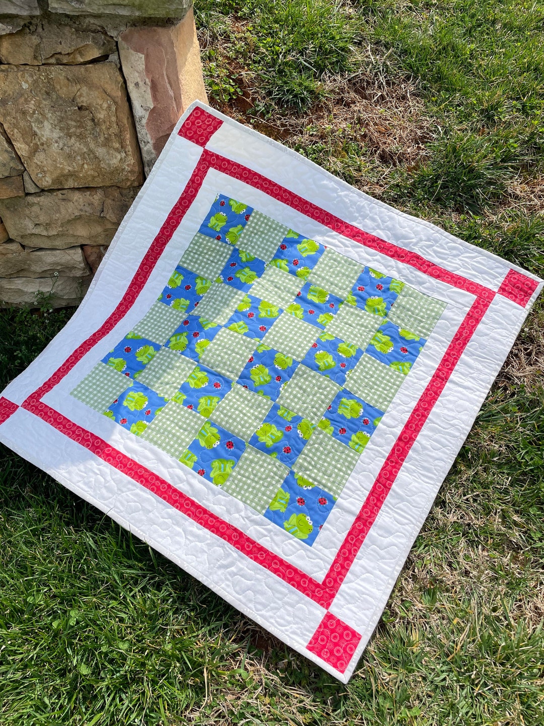 Frogs Green Blue Patchwork Baby Quilt - Etsy