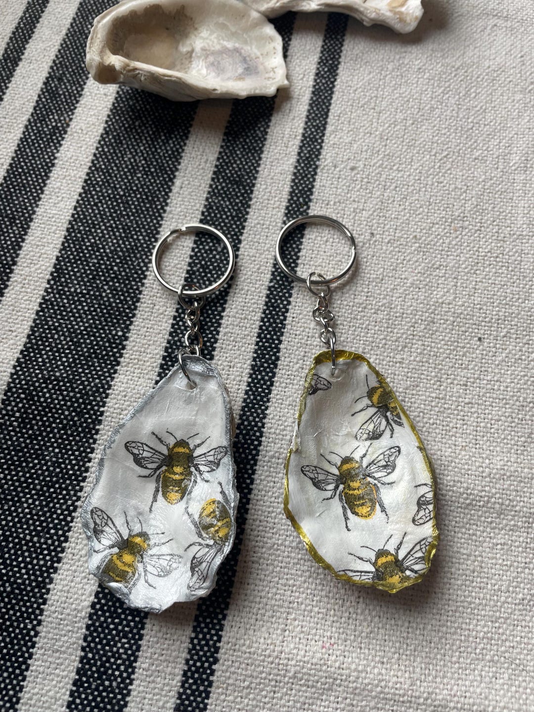 Oyster Shell Keychain, Bee Decoupage, Silver or Gold, Uncle Roy’s Bees ...