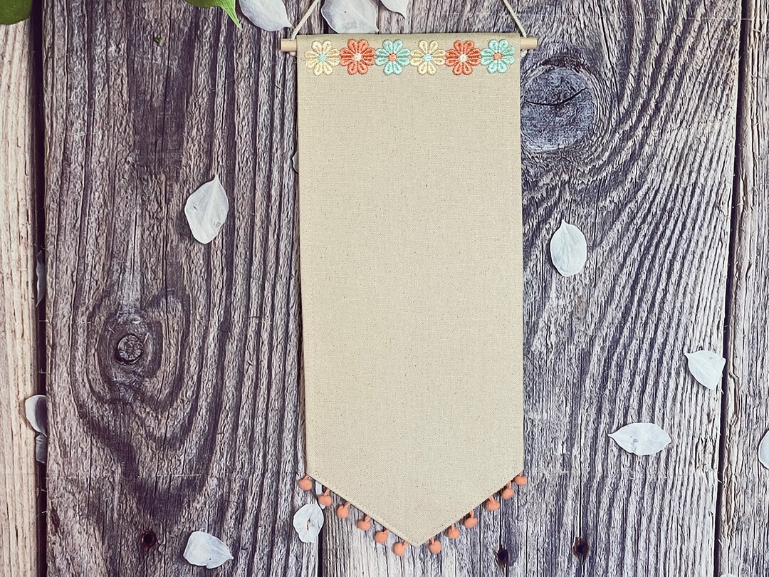Natural Enamel Pin Banner With Custom Flower Trim on Top and Pompoms on ...