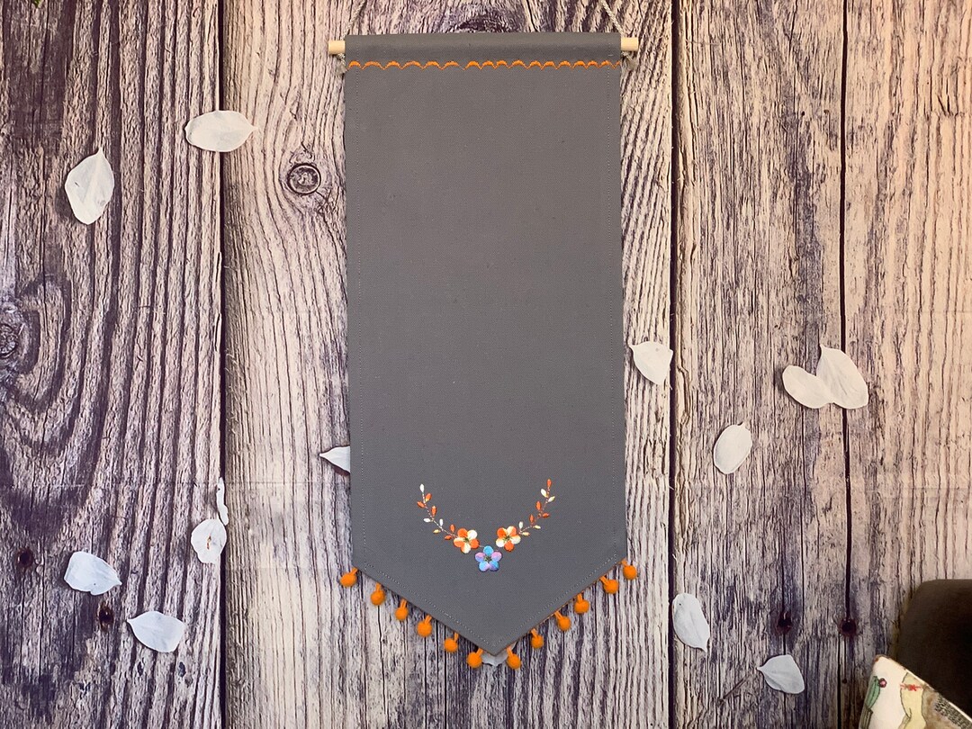 Enamel Pin Banner With Flower Embroidery and Pompom Trim, Canvas Pin ...