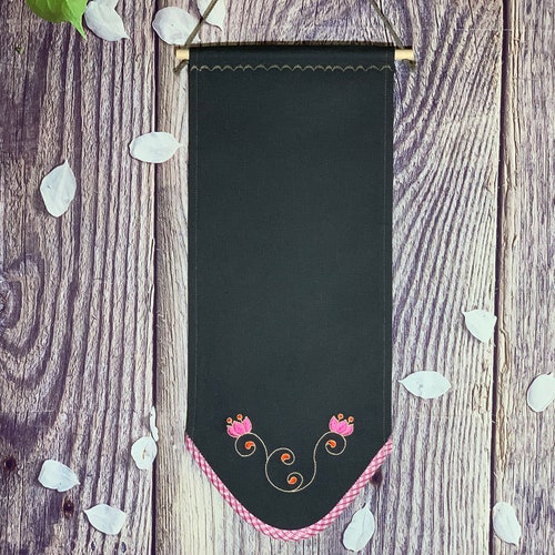 Enamel Pin Banner With Flower Embroidery and Pompom Trim - Etsy